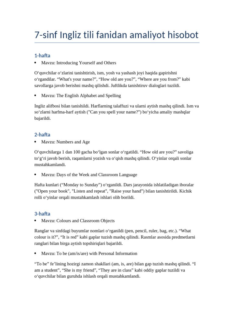 35 Haftalik Ingliz Tili Praktika Hisobot | PDF | Language Families | Languages