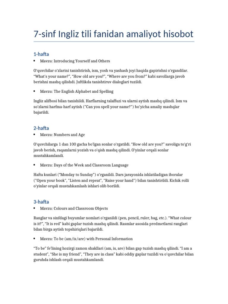 30 Haftalik Ingliz Tili Praktika Hisobot | PDF | Language Families | Linguistics