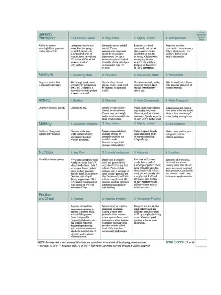 Braden Risk Assessment Scale | PDF