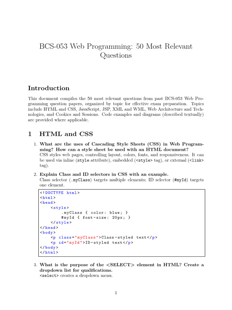 BCS-053 Web Programming: 50 Most Relevant Questions: Style | PDF | Html | World Wide Web Consortium