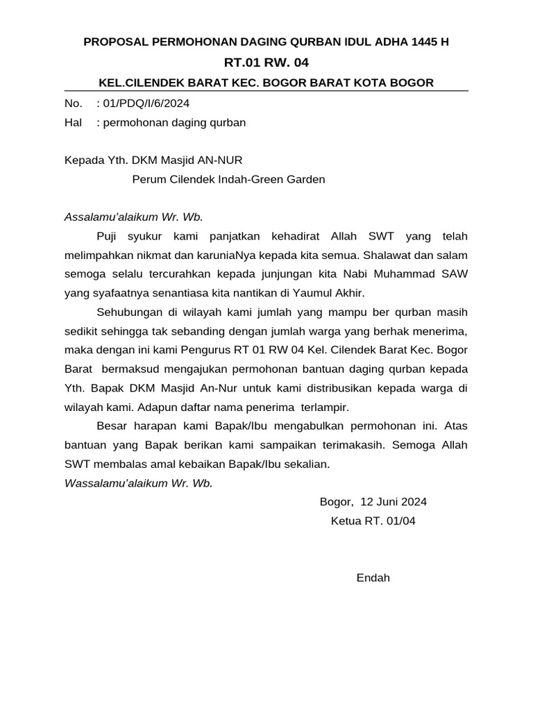 Proposal Permohonan Daging Qurban Idul Adha 1445 H | PDF
