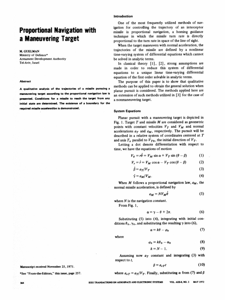 Proportional Navigation With A Maneuvering Target | PDF | Equations | Nonlinear System