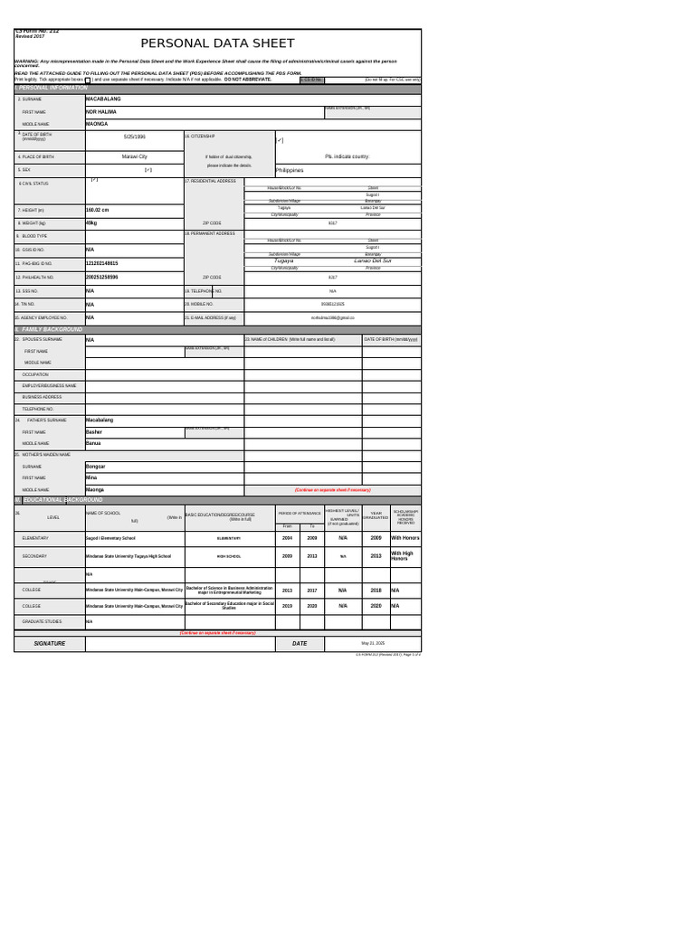 CS Form No. 212 My Personal Data Sheet Revised | PDF | Government | Justice