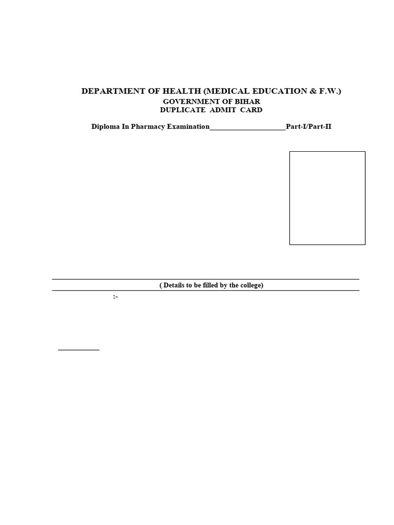Dupicate Admit Card Formate For Pharmacy | PDF