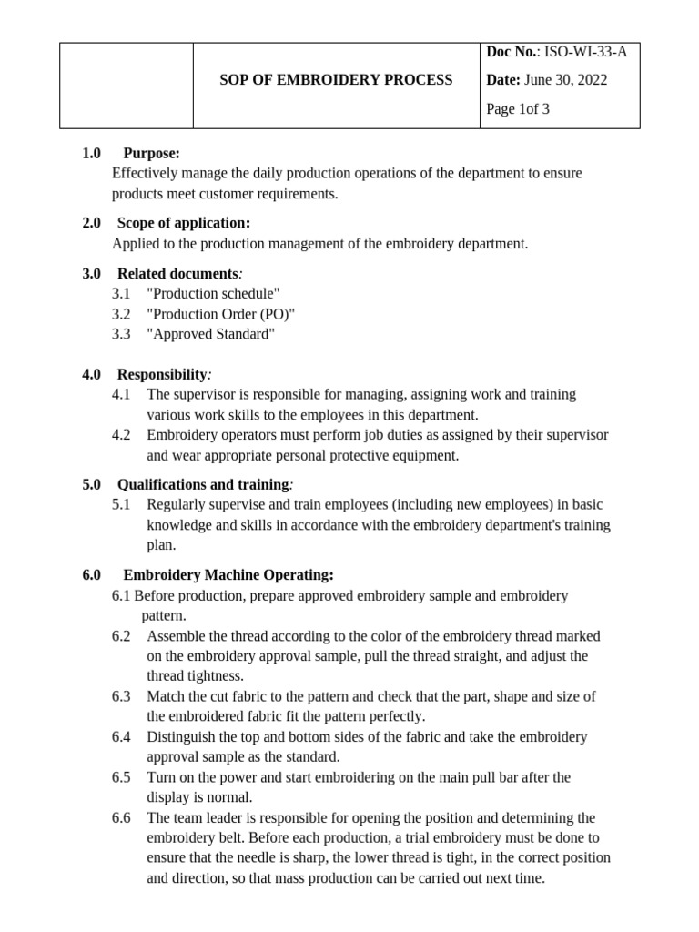 Sop of Embroidery Process | PDF | Embroidery | Needlework