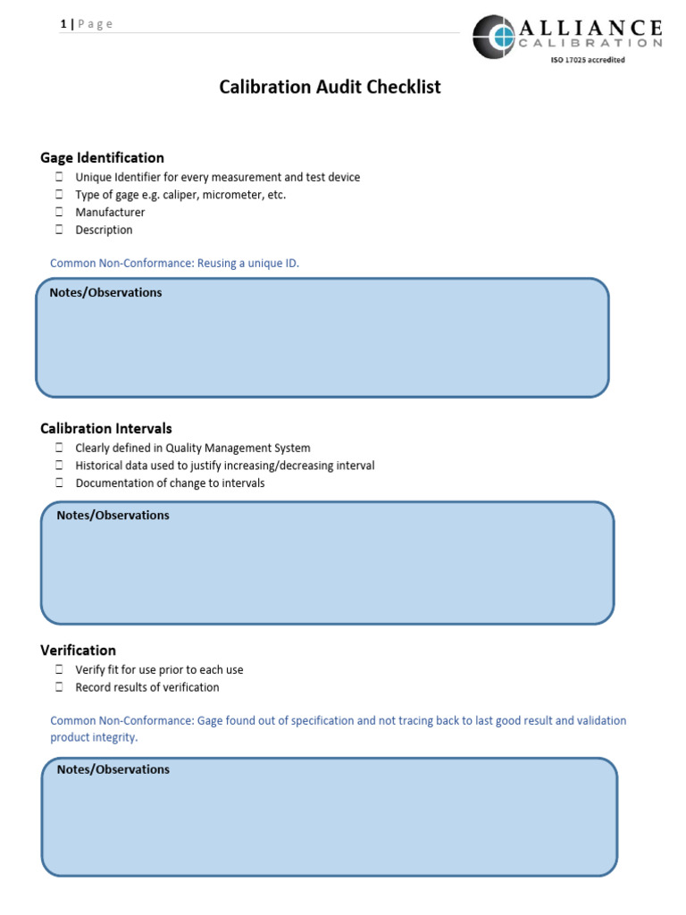 Calibration Audit Checklist-1 | PDF | Calibration | Verification And ...