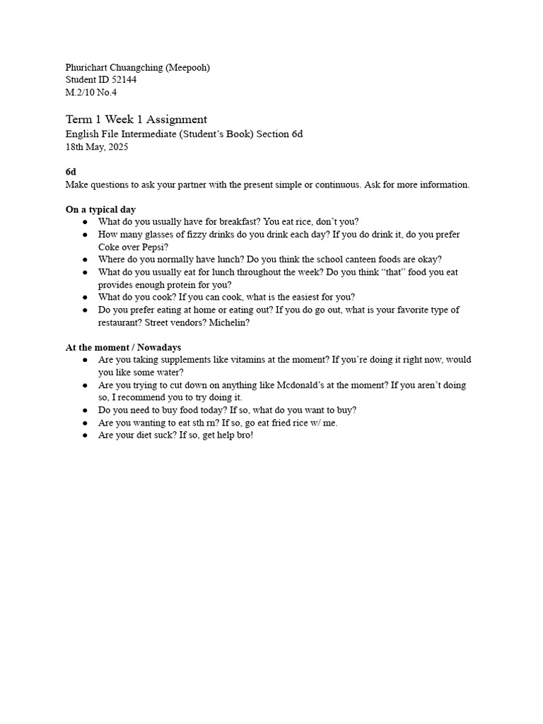Term 1 Week 1 Assignment: English File Intermediate (Student's Book ...