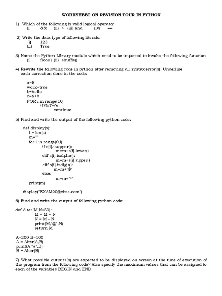 12 CS Revision Tour Worksheet | PDF