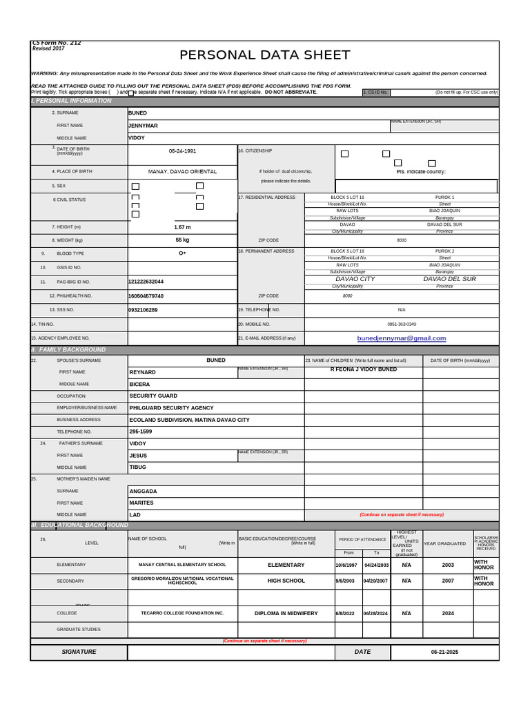 CS Form No. 212 Personal Data Sheet | PDF | Midwife
