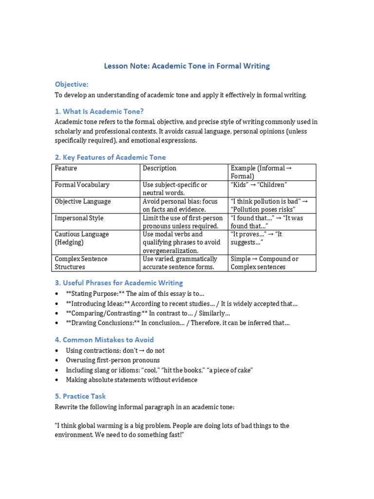 Academic Tone ESL Lesson Note | PDF