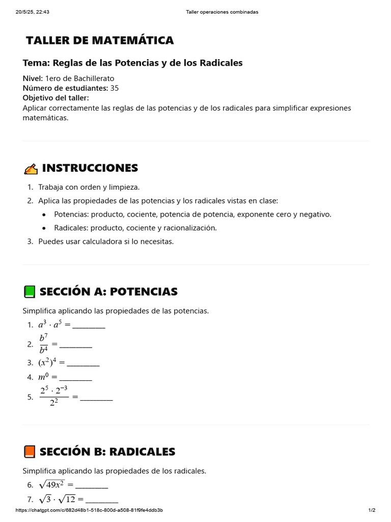 Taller Operaciones Potencias y Radicales | PDF