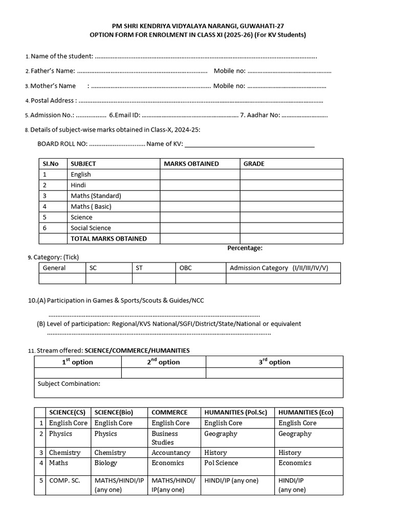 Class XI Option Form 2025 FINAL | PDF