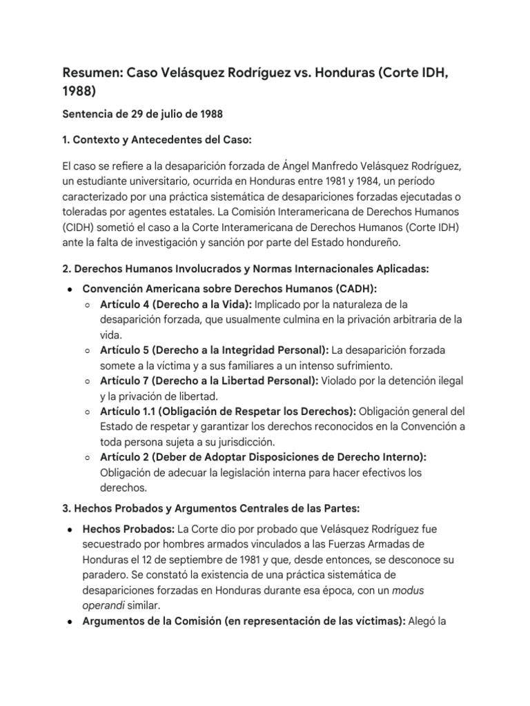 Resumen Caso Velásquez Rodríguez vs. Honduras (Corte IDH, 1988) | PDF | Violación | Derechos humanos