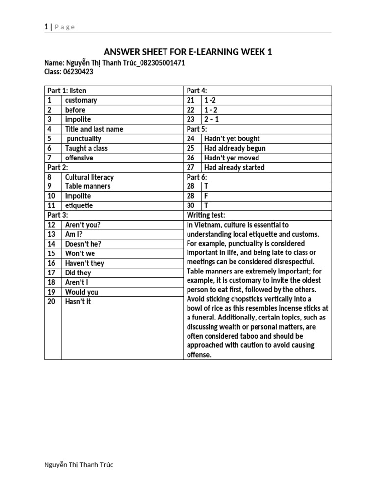 Answer Sheet 1 | PDF