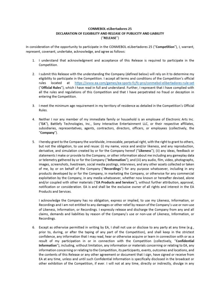 Declaration of Eligibility and Release of Publicity and Liability Elibertadores | PDF ...