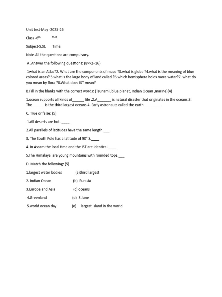 Grade 6 Geography Unit Test | PDF
