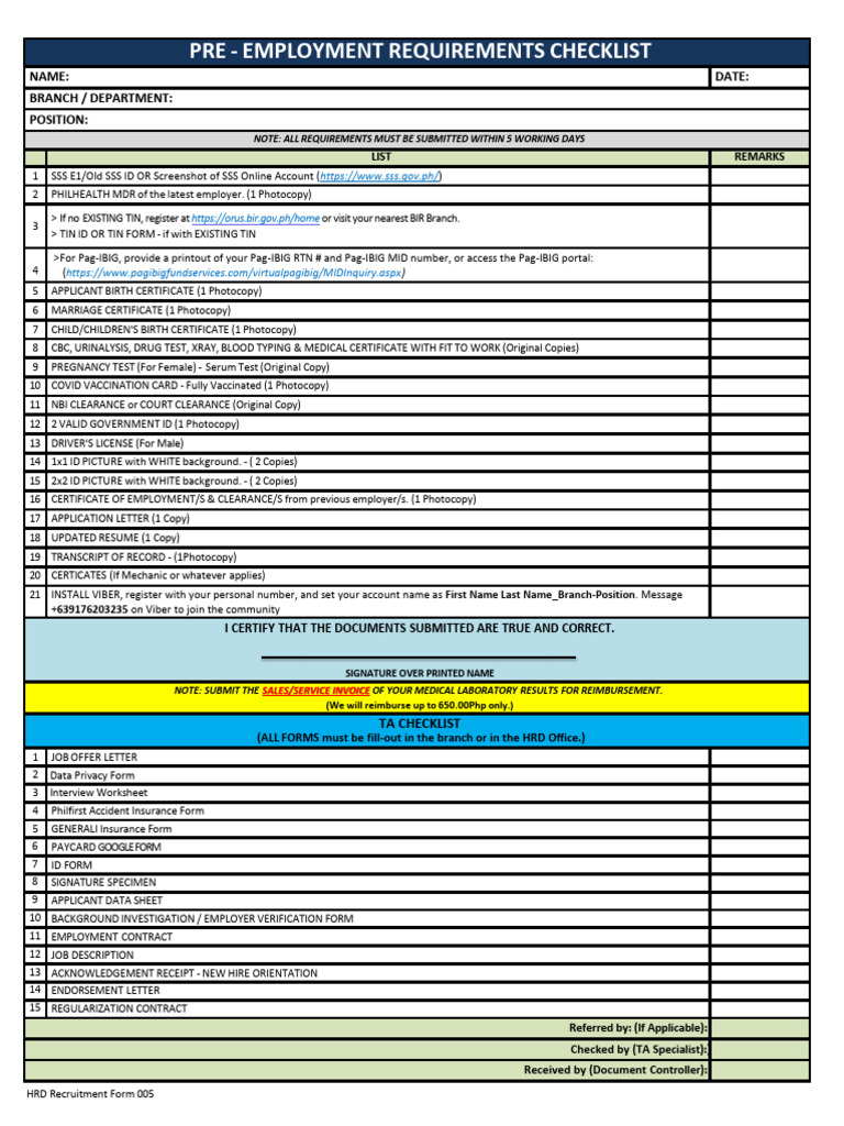 Revised Pre-Employment Requirements Checklist (December 16, 2024) | PDF