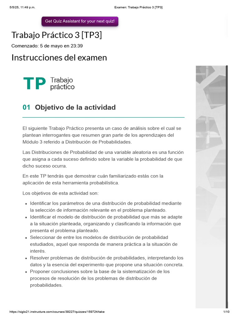 Examen - Trabajo Práctico 3 (TP3) Estadistica | PDF | Media | Probabilidad
