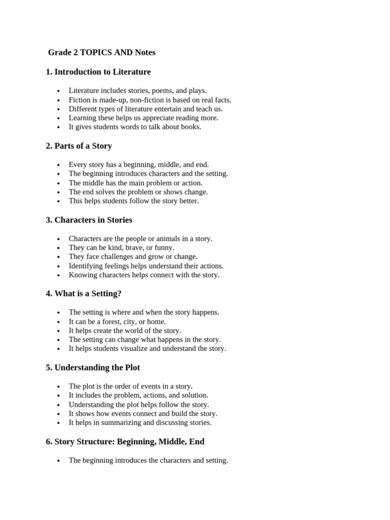 NOTE Literature Grade 2 TOPICS AND Notes | PDF | Vocabulary | Feeling
