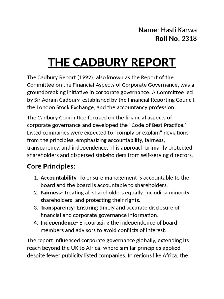 THE CADBURY REPORT - Docx (HASTI) | PDF | Corporate Governance | Governance