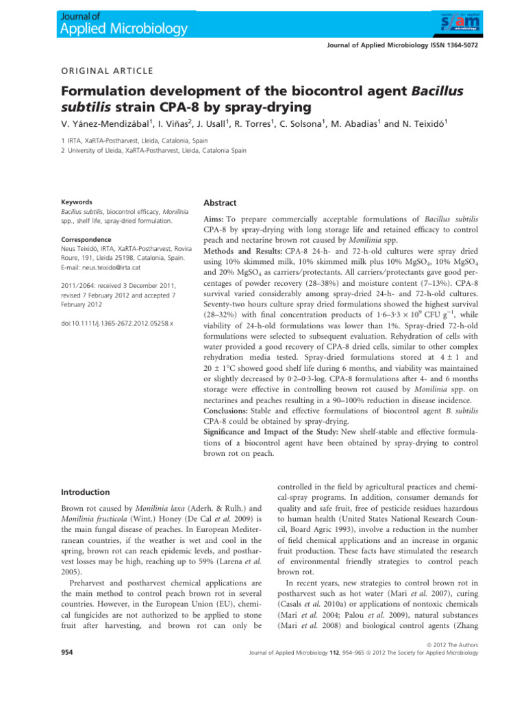 Formulation Development of the Biocontrol Agent Bacillus Subtilis ...