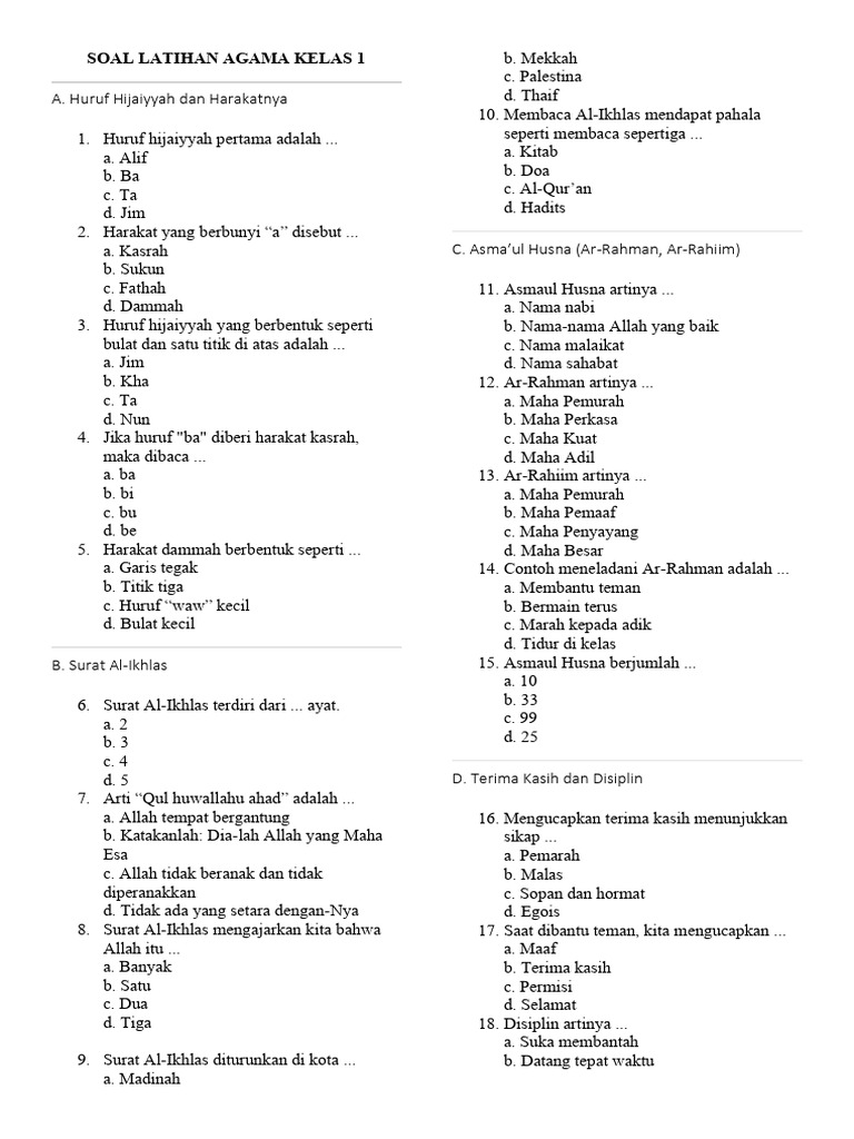 Latihan Soal Agama Kelas 1-1 | PDF