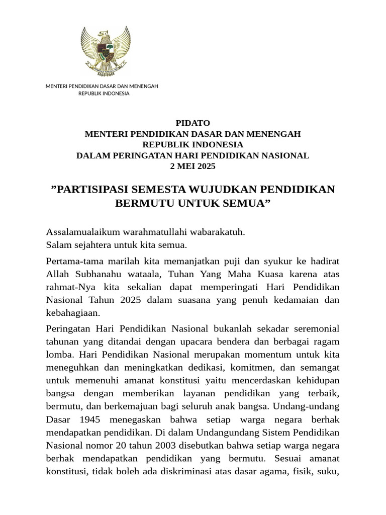 Pidato Hardiknas Mendikdasmen 2025 | PDF