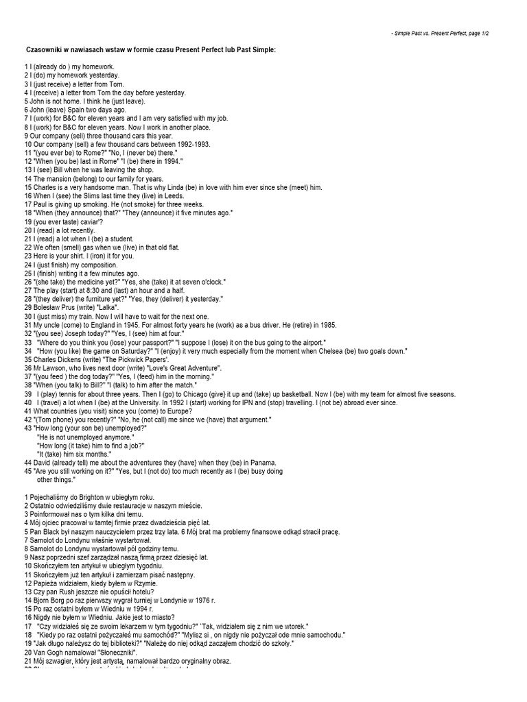 Simple Past vs. Present Perfect Exercises | PDF