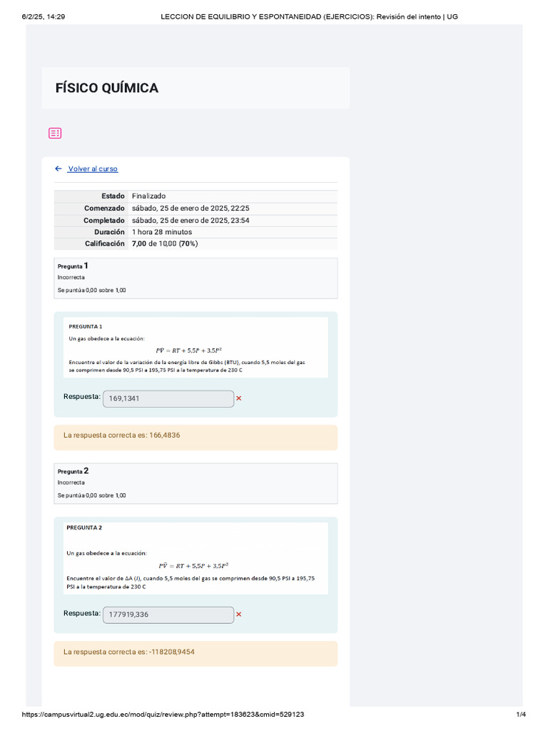 LECCION DE EJERCICIO 2 EQUILIBRIO Y ESPONTANEIDAD (EJERCICIOS)_ Revisión del intento _ UG | PDF