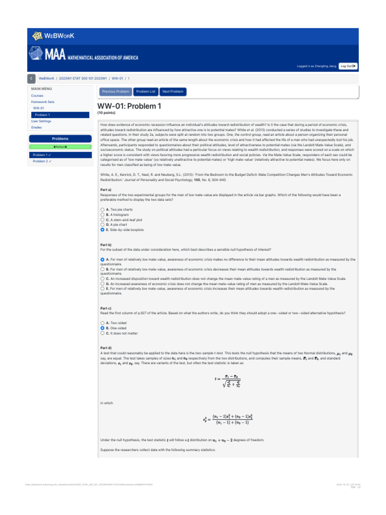 WeBWorK - 2023W1 STAT 300 101 2023W1 - WW-01 - 1 | PDF | P Value ...