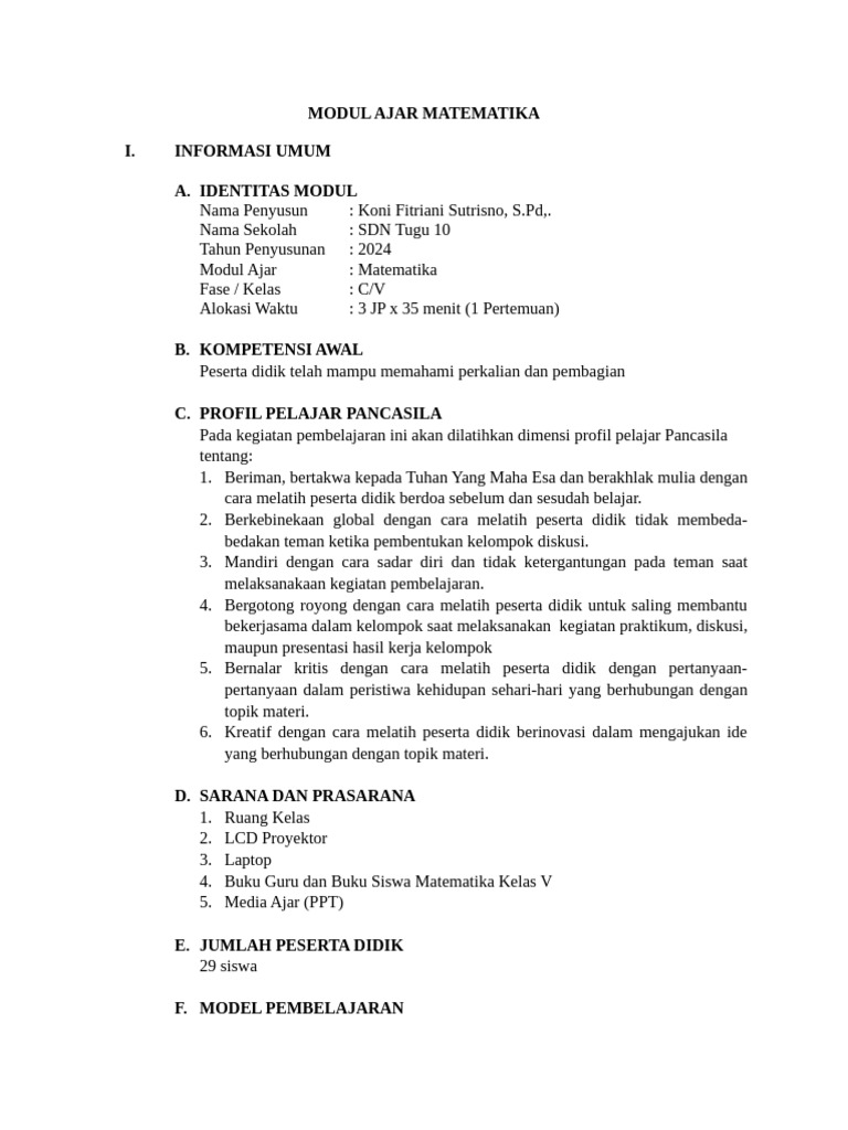 MODUL AJAR MATEMATIKA OBSERVASI | PDF
