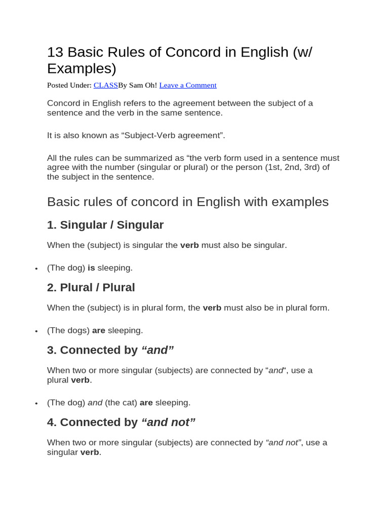 13 Basic Rules of Concord in English | PDF | Grammatical Number | Plural