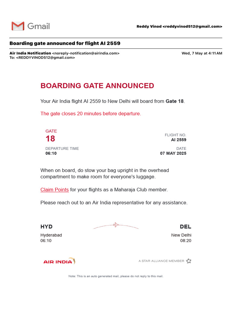 Boarding Gate Announced For Flight AI 2559 | PDF