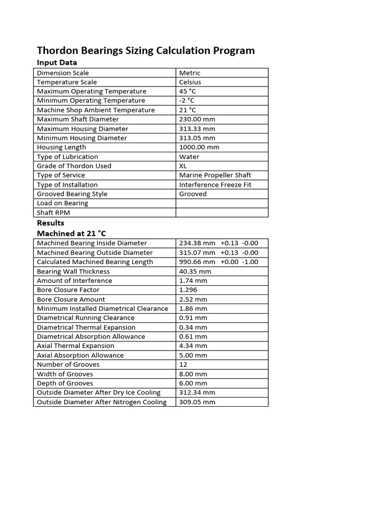 Thordon Bearings Sizing Program Details | PDF