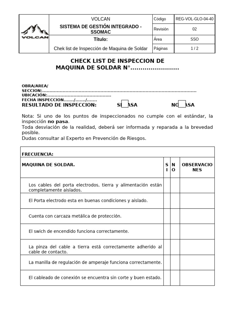 REG-VOL-GLO-04-40 Check List Maquina de Soldar | PDF | Soldadura | Construcción