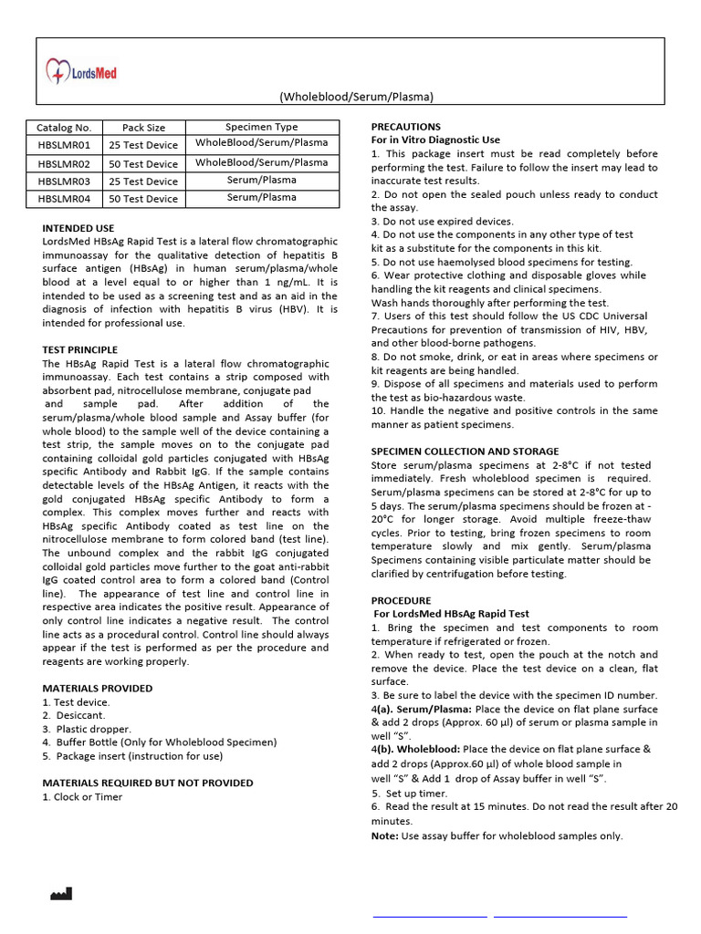 LordsMed HBsAg Test Procedure Guide | PDF | Blood Plasma | Hepatitis B