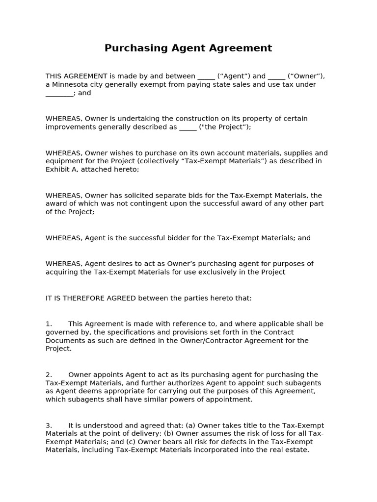 Purchasing Agent Agreement Overview | PDF | Tax Exemption | Taxes