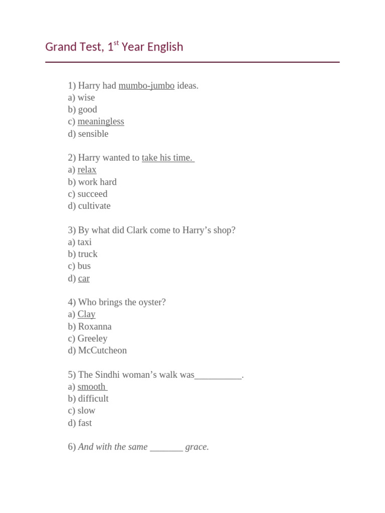 Grand Test, 1st Year English | PDF