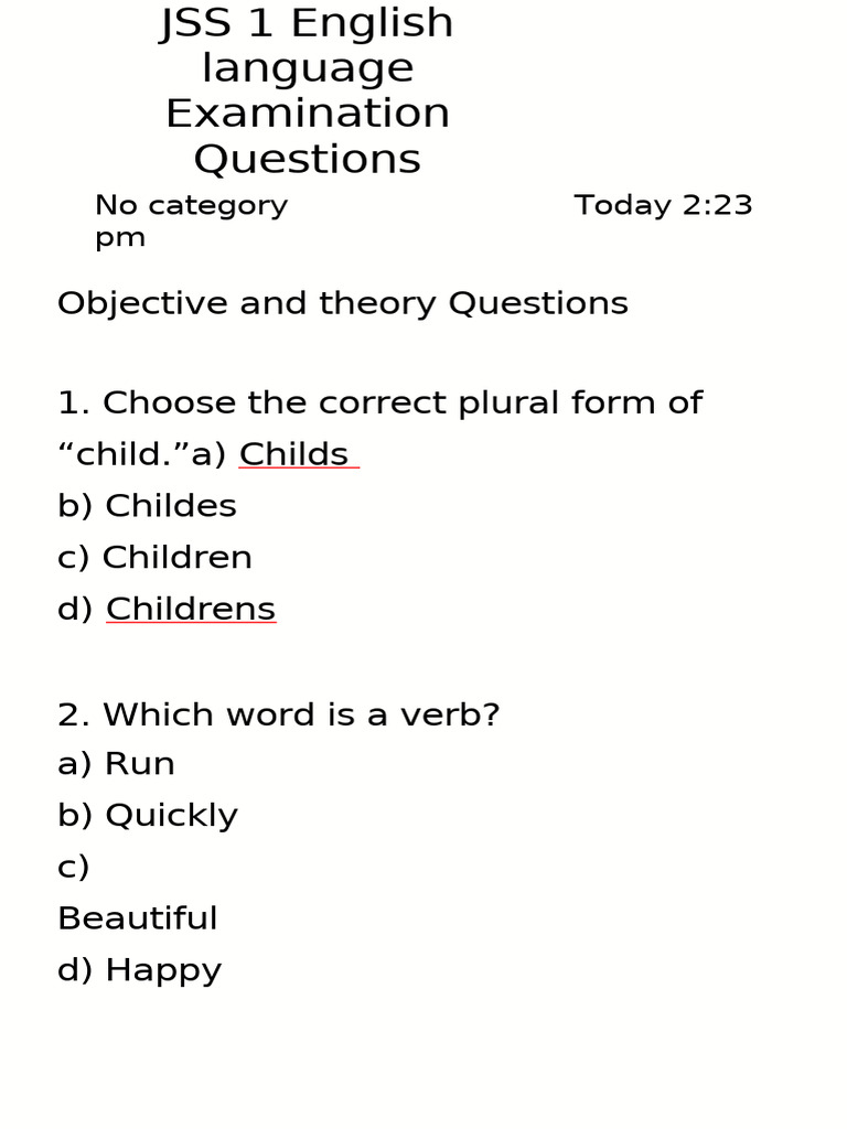 JSS 1 English Language Questions | PDF | Verb | Plural