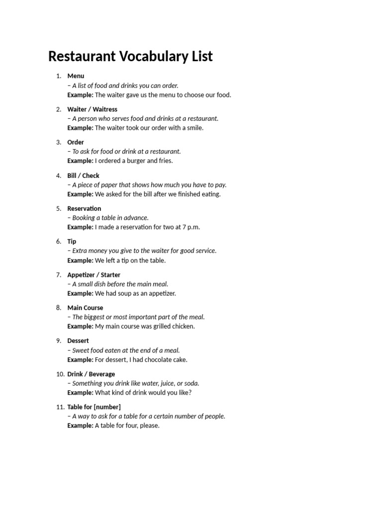 Restaurant Vocabulary | PDF