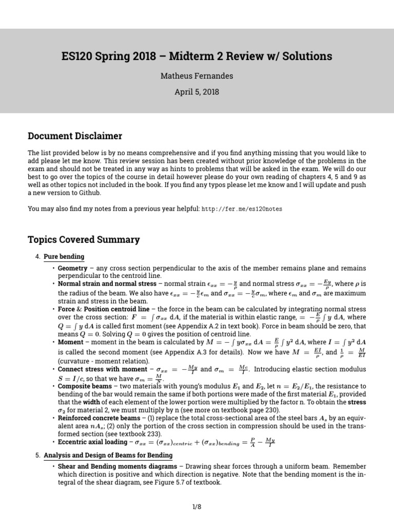ES120 2018 Midterm2Review Solutions | PDF | Bending | Beam (Structure)