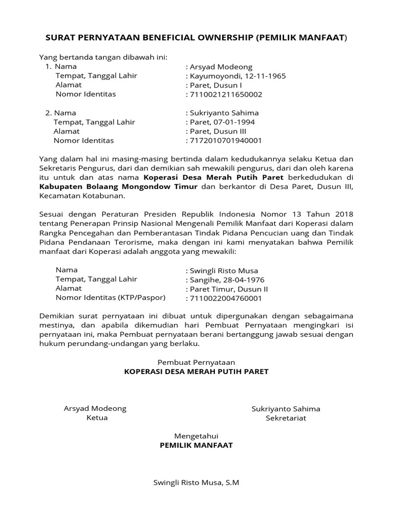 Surat Pernyataan Beneficial Ownership (Pemilik Manfaat | PDF