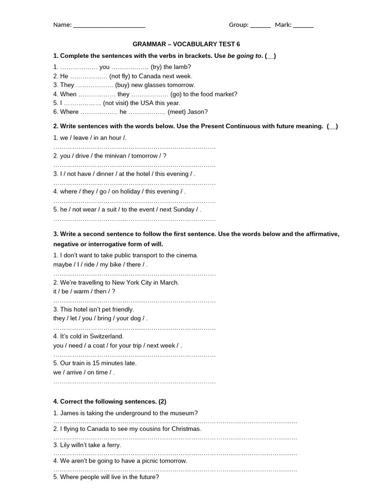 Grammar and Vocabulary Test 6 | PDF | Linguistic Morphology | Language ...