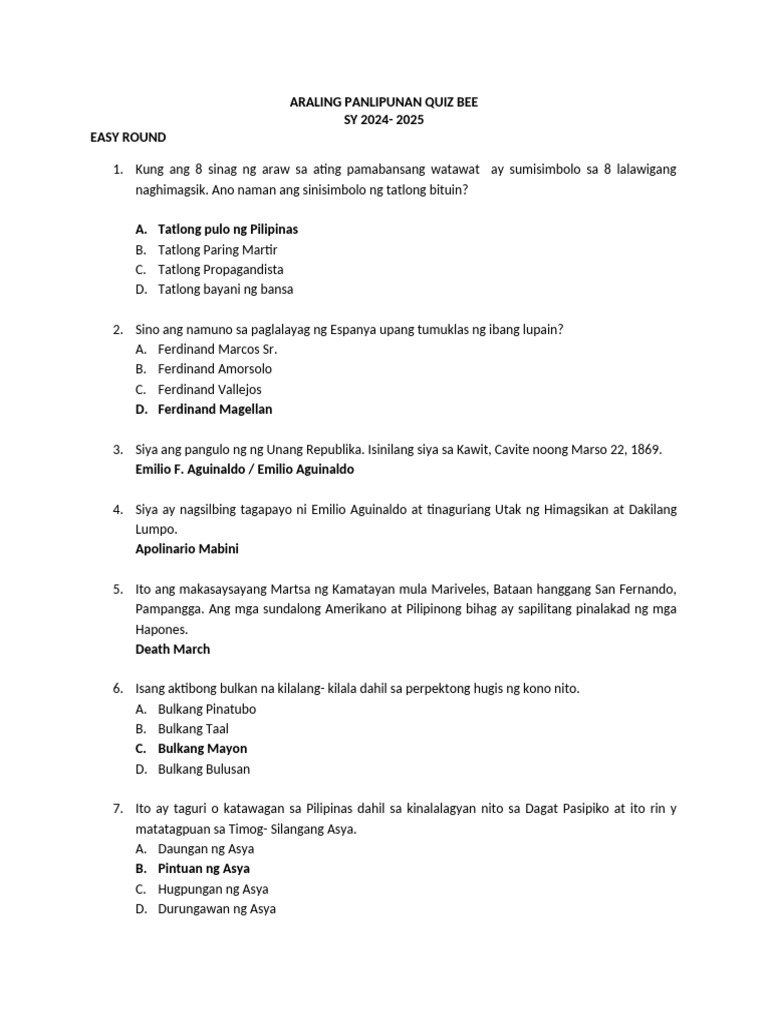 ARALING PANLIPUNAN QUIZ BEE | PDF