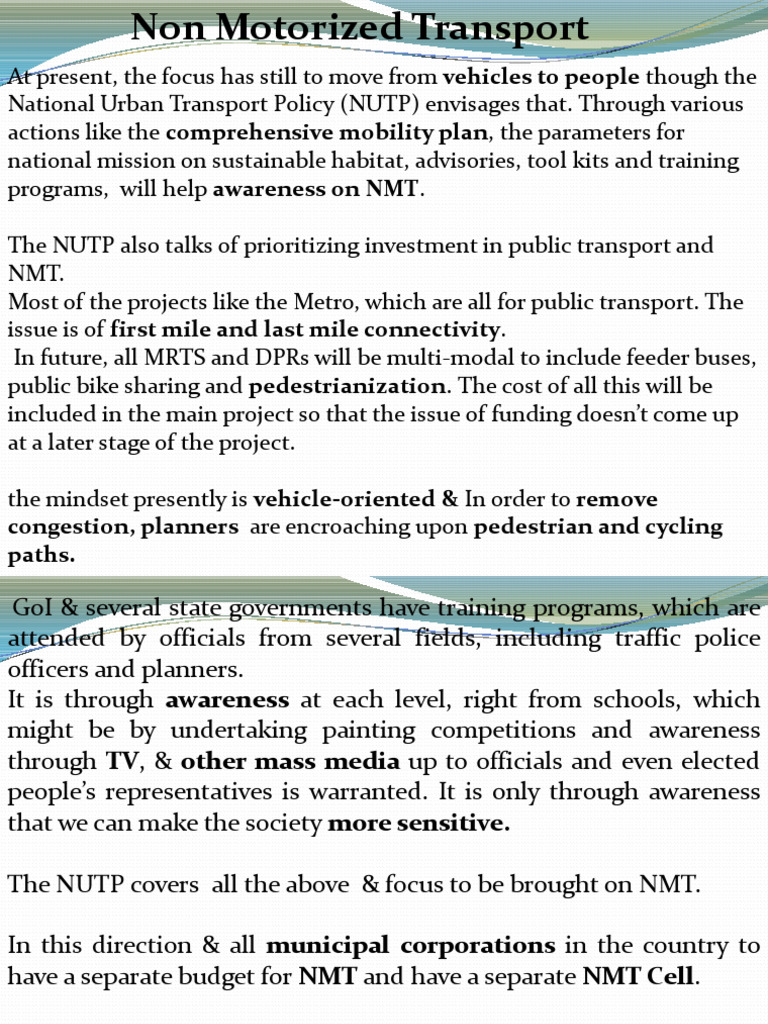 Vehicles To People Comprehensive Mobility Plan Awareness On NMT | PDF ...