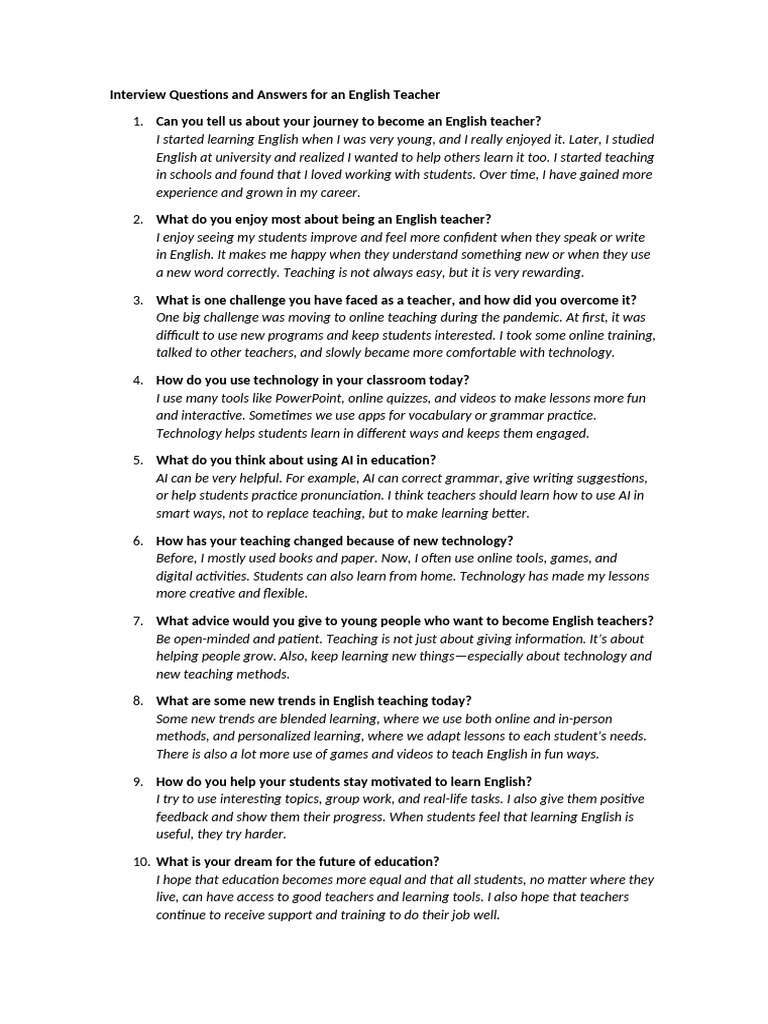 Interview Questions and Answers For An English Teacher | PDF | Teachers ...