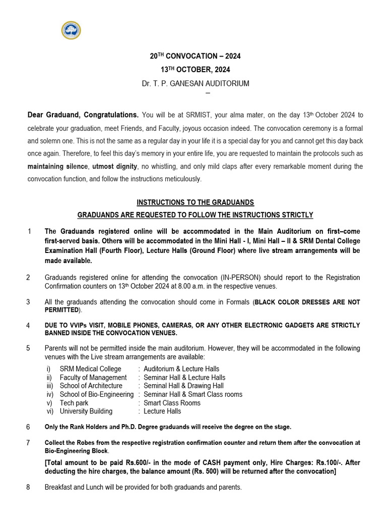 20th Convocation 2024 - 13-10-2024 - Instructions To The Graduands & Venues | PDF | Engineering