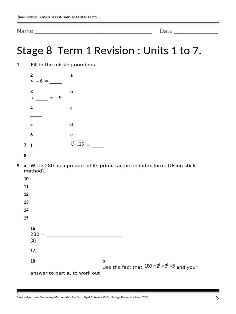 Term 1 Revision Cambridge Resource | PDF | Number Theory | Elementary ...