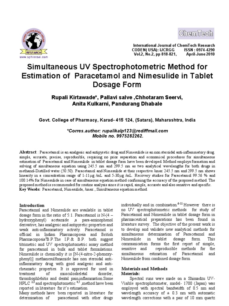 Simultaneous Estimation Of Paracetamol And Nimesulide Pdf Spectrophotometry Absorbance