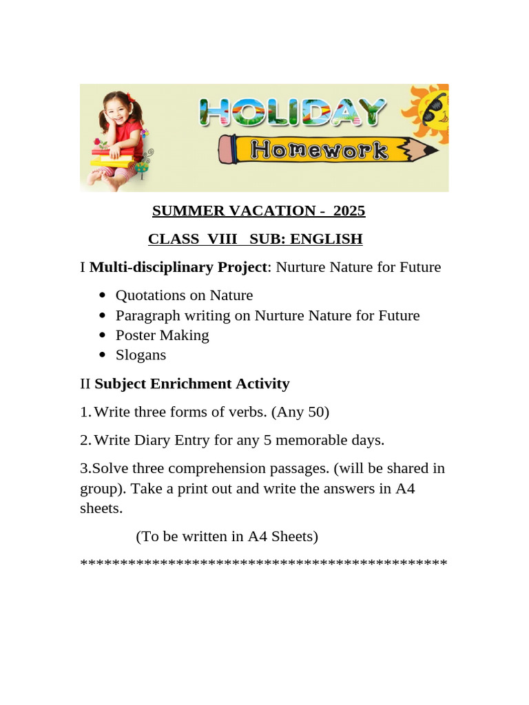 Holiday Homework - Class Viii | PDF